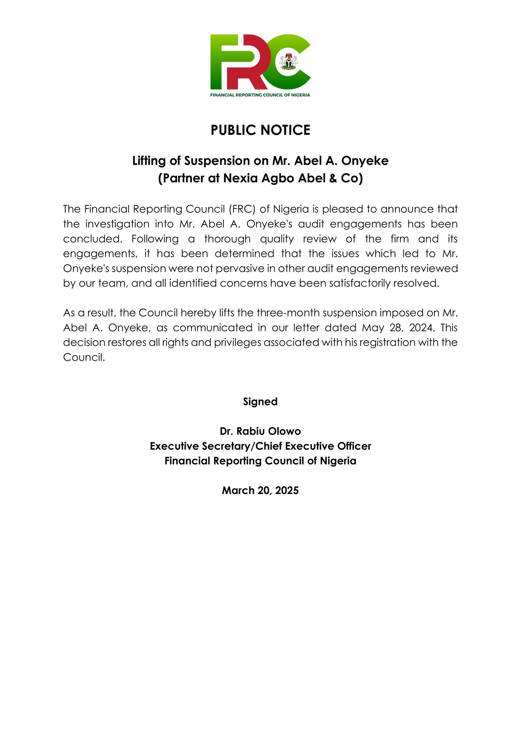 Public Notice: Lifting of Suspension on Mr. Abel A. Onyeke – FRC